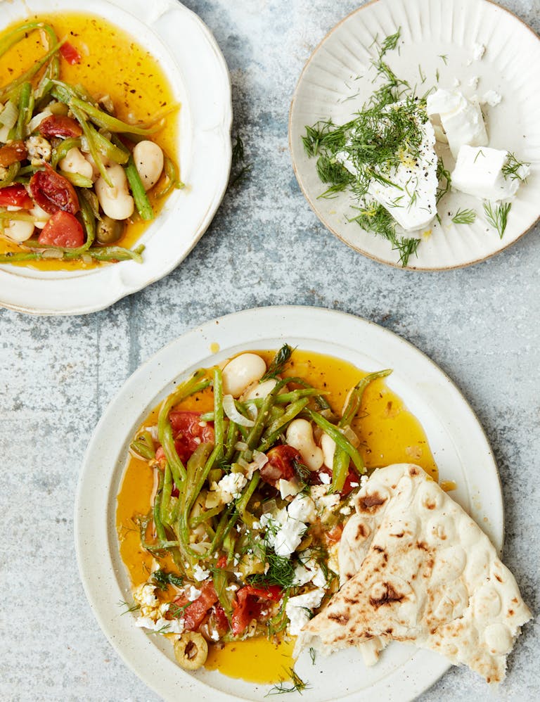 Olive oil-braised runner and butter beans with tomato, feta and flatbreads – Recipes – Anna Jones