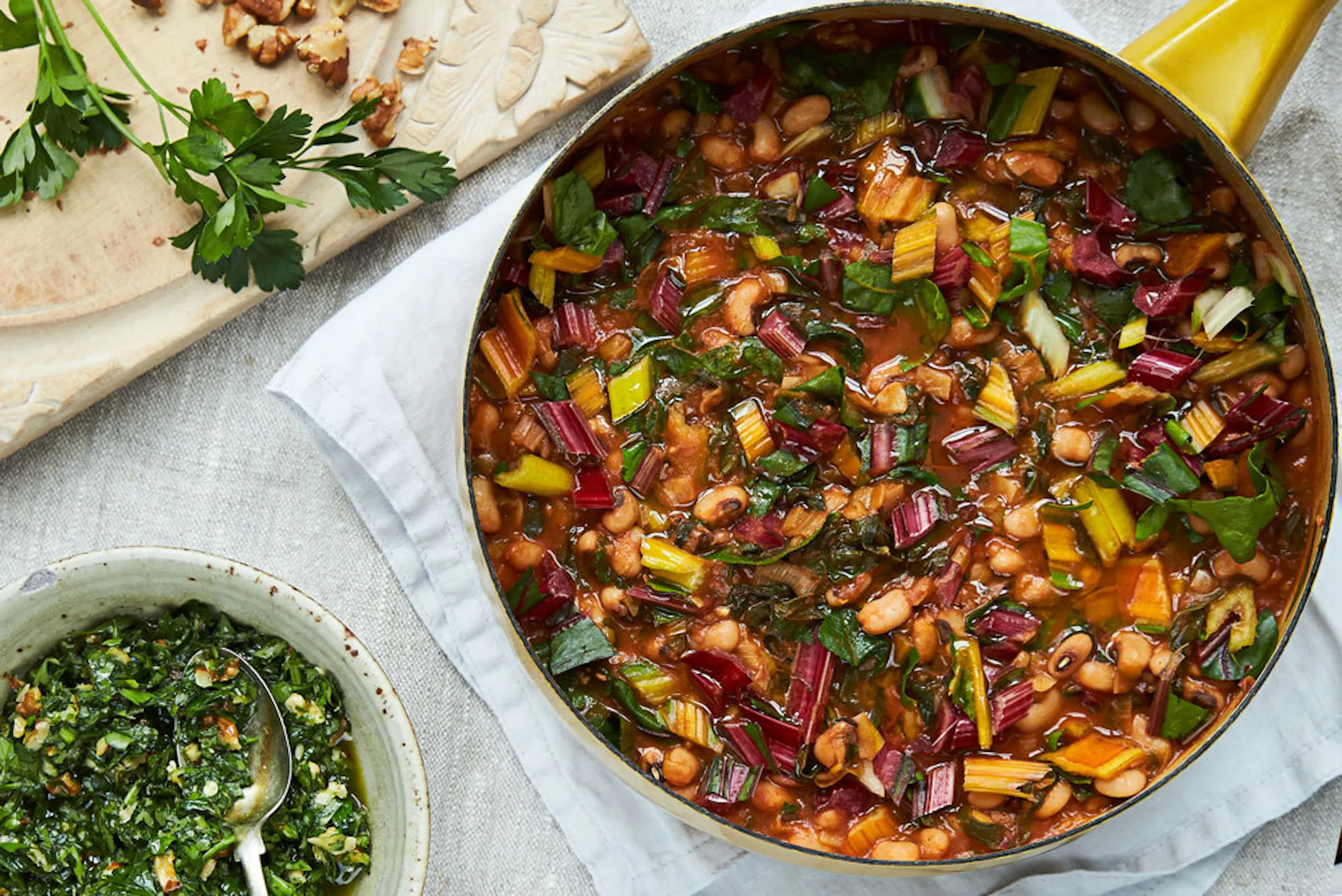 Black-eyed beans with chard and green herb smash | Recipes | Anna Jones